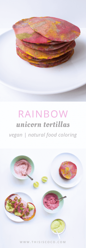 Rainbow unicorn tortillas made with natural food coloring